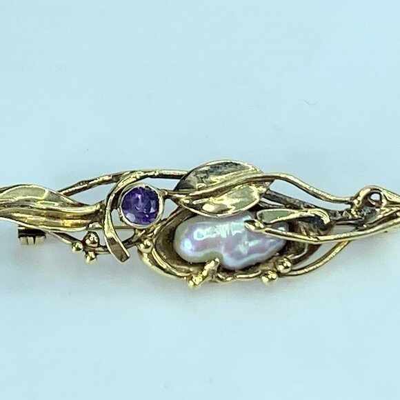 Jewelry | Midcentury 14k Yellow Gold Baroque Pearl Amethyst Brooch Pin ...